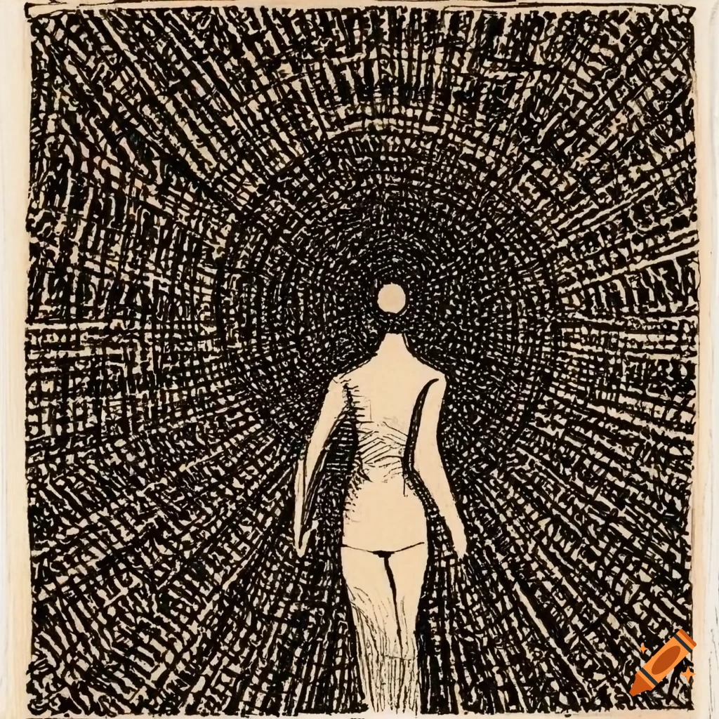 Person gazing into space with intricate drawing lines on Craiyon