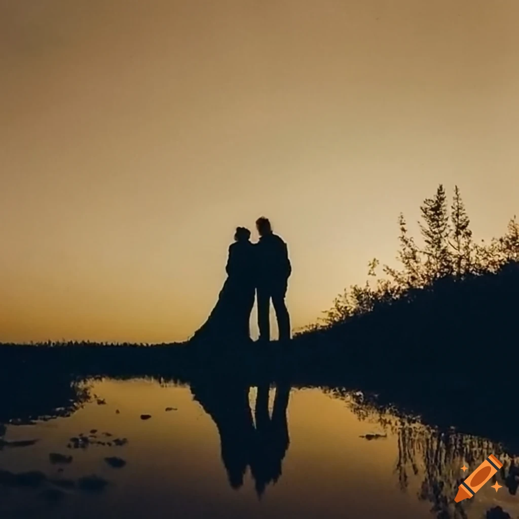 Silhouette of couple over heart-shaped puddle in analog photography on ...