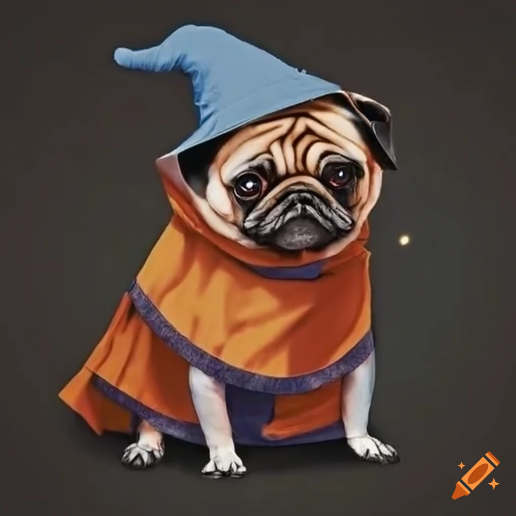 Pug dressed as Gandalf with colorful knight attire on Craiyon