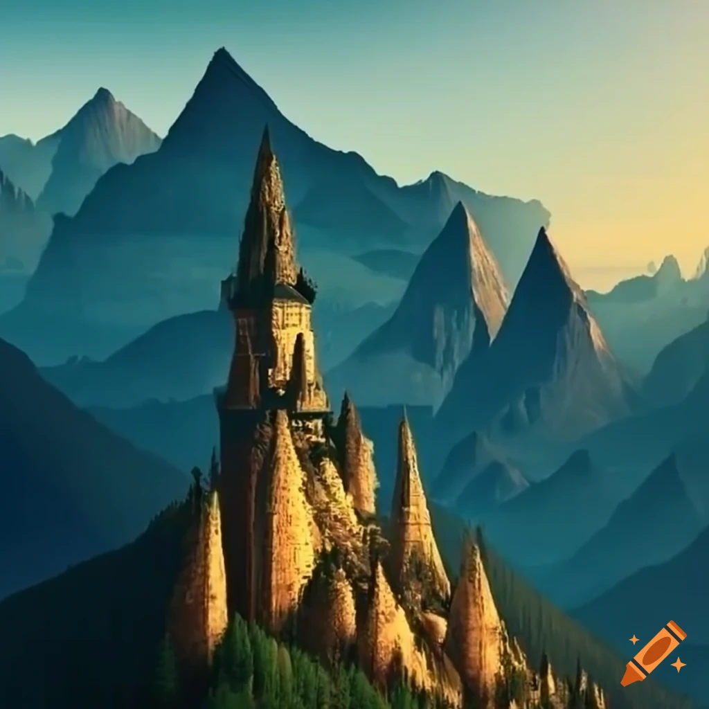 Mountain landscape with seven towers amidst them on Craiyon