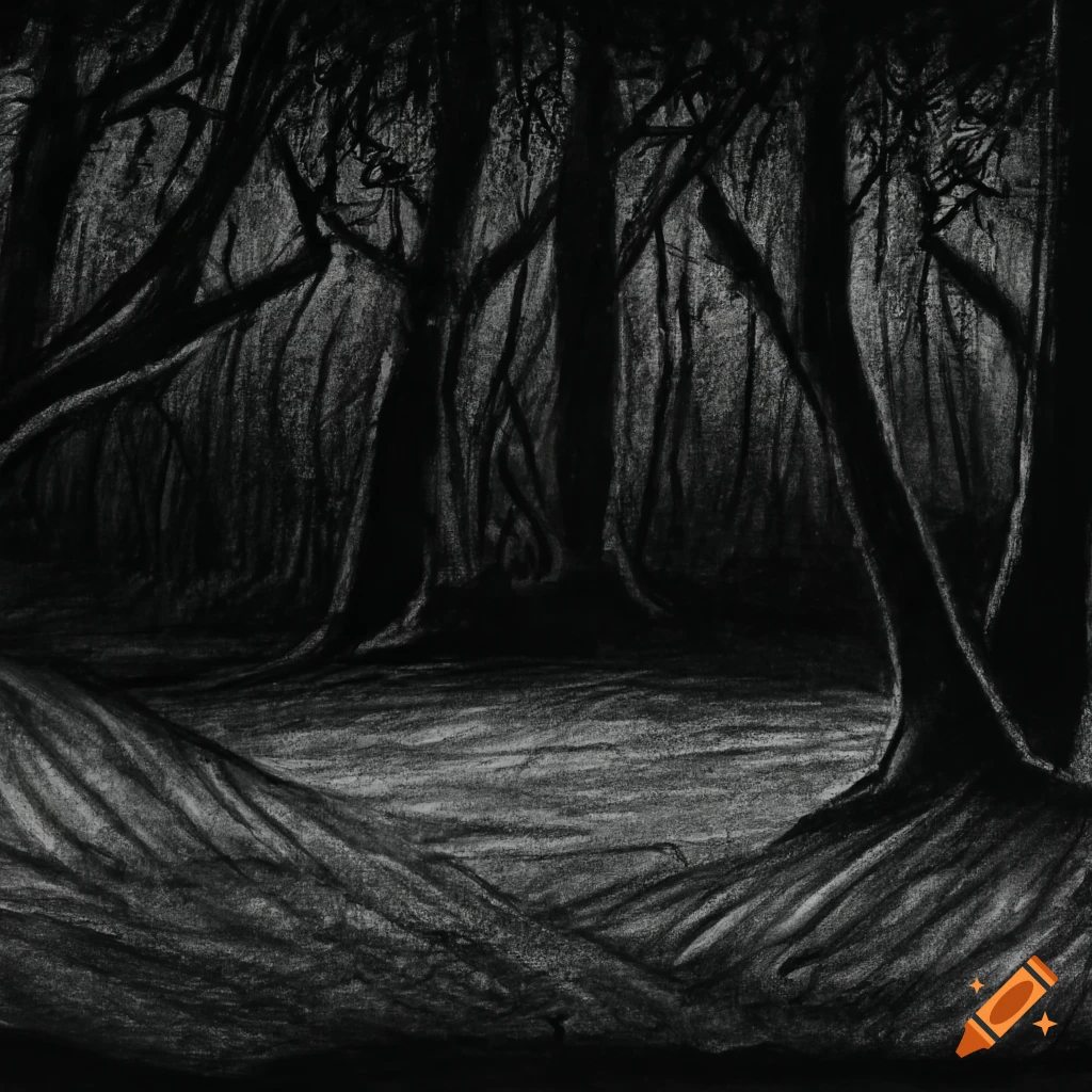 Night meadow landscape with distant forest in charcoal drawing on Craiyon