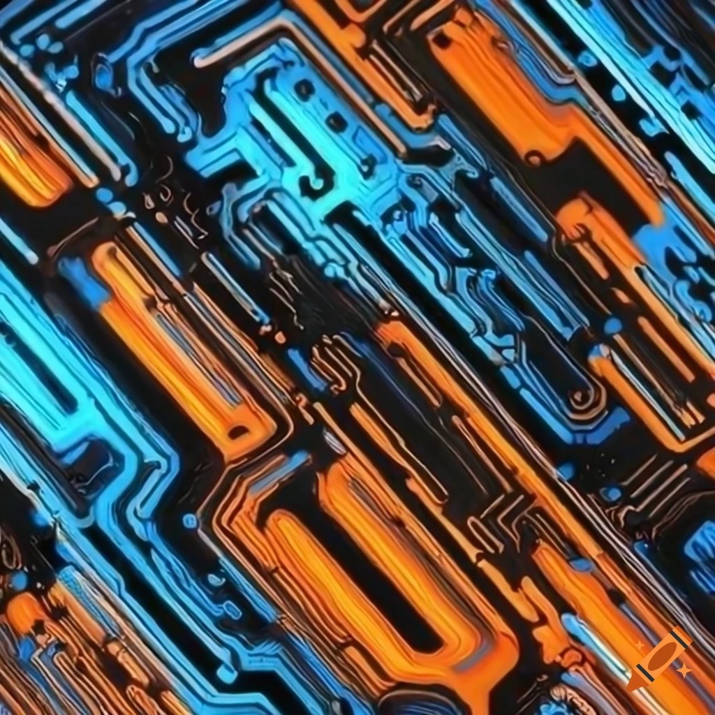 Abstract black and orange glowing circuit boards in a matrix-style ...