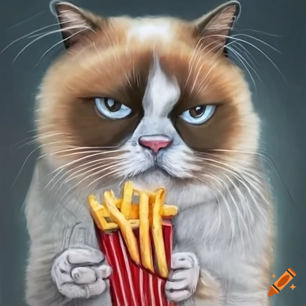 Grumpy cat with french fries on Craiyon