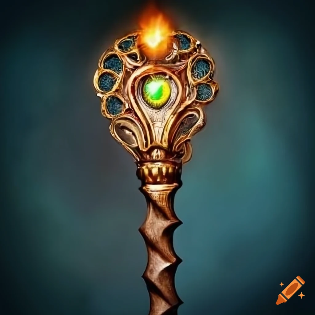 Intricately designed magical staff with elemental jewels on Craiyon
