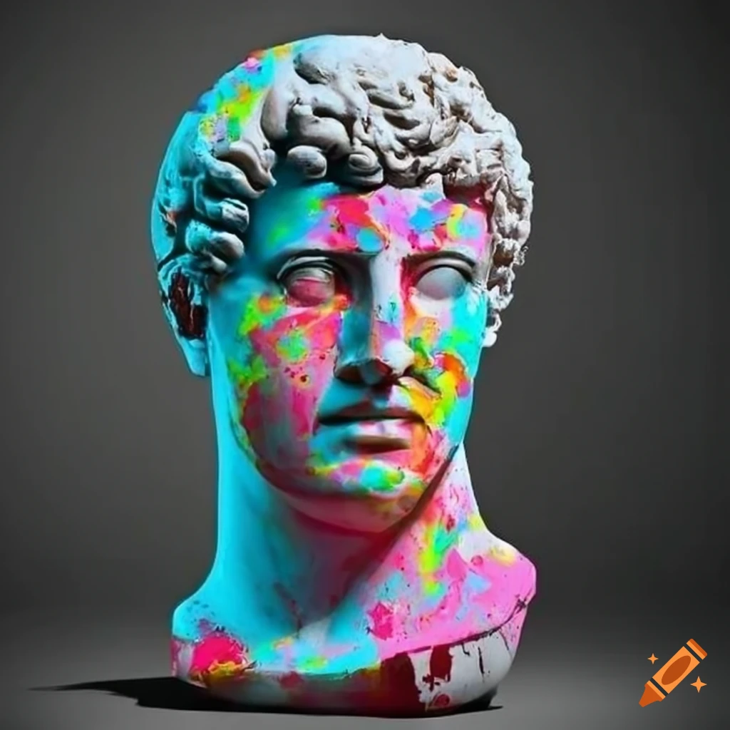 White roman statue with neon paint splatter on Craiyon