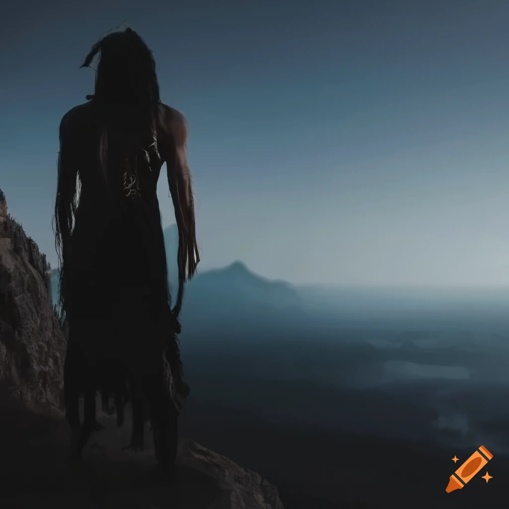Gothic man with dreadlocks at cliff edge overlooking burning valley on ...