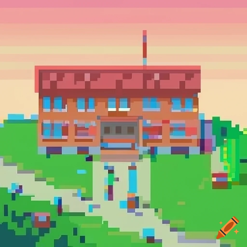 Pixel art of a school building on Craiyon