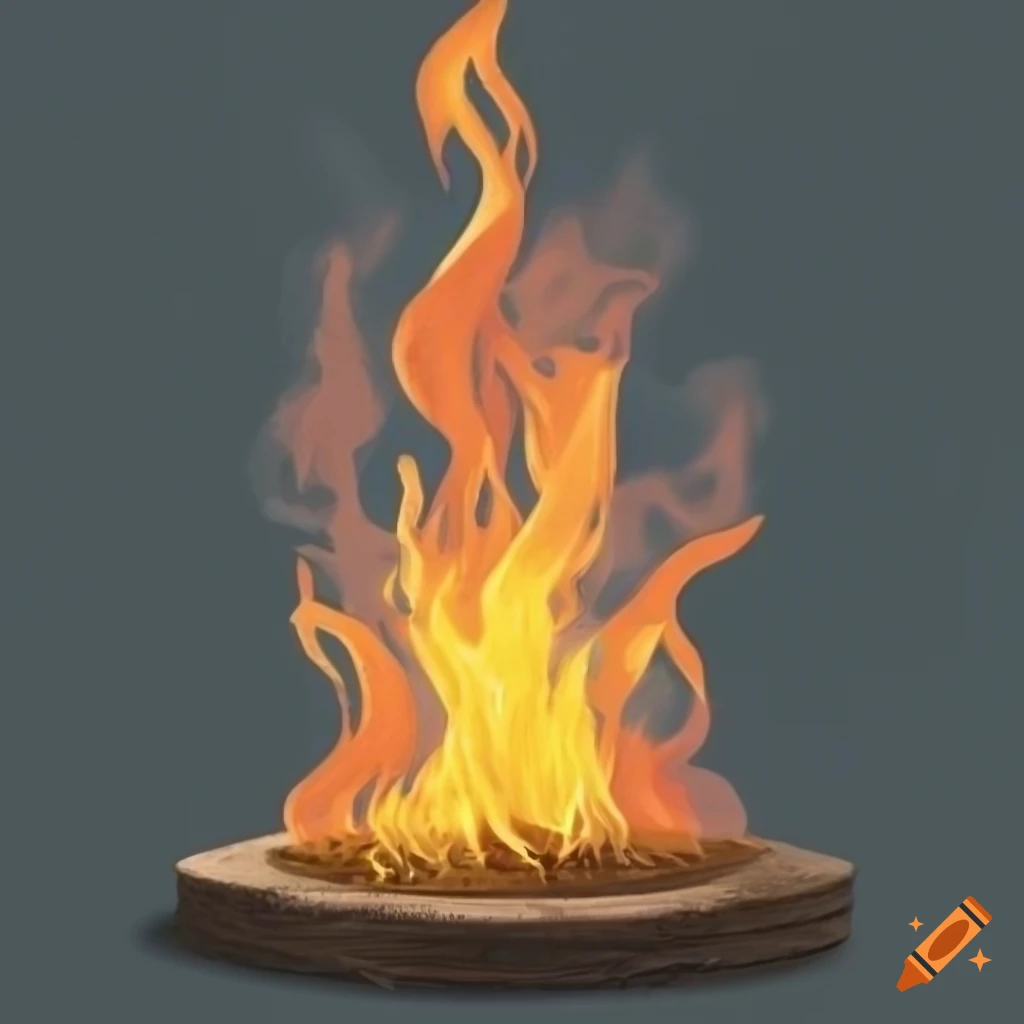 Two people in a meadow with a green tree and tall campfire flame on Craiyon