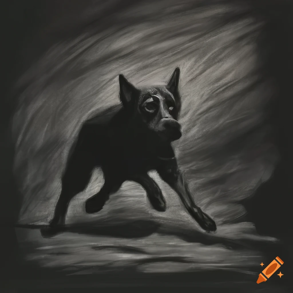 Shadow of a dog running in a village patch in charcoal drawing on Craiyon