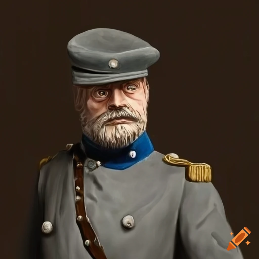 Detailed confederate officer in 1862 gray uniform with blue accents on ...