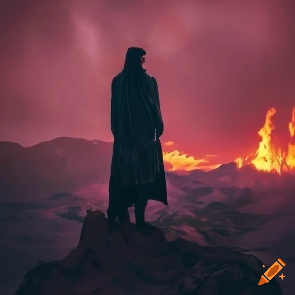 Gothic man with dreadlocks at cliff edge overlooking burning valley on ...