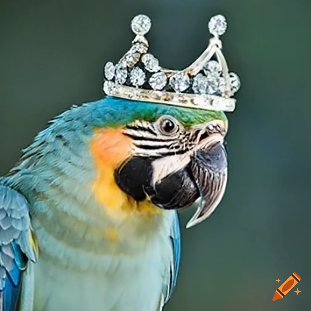 Parrot with a crown of white crystal diamonds in a close-up shot on Craiyon