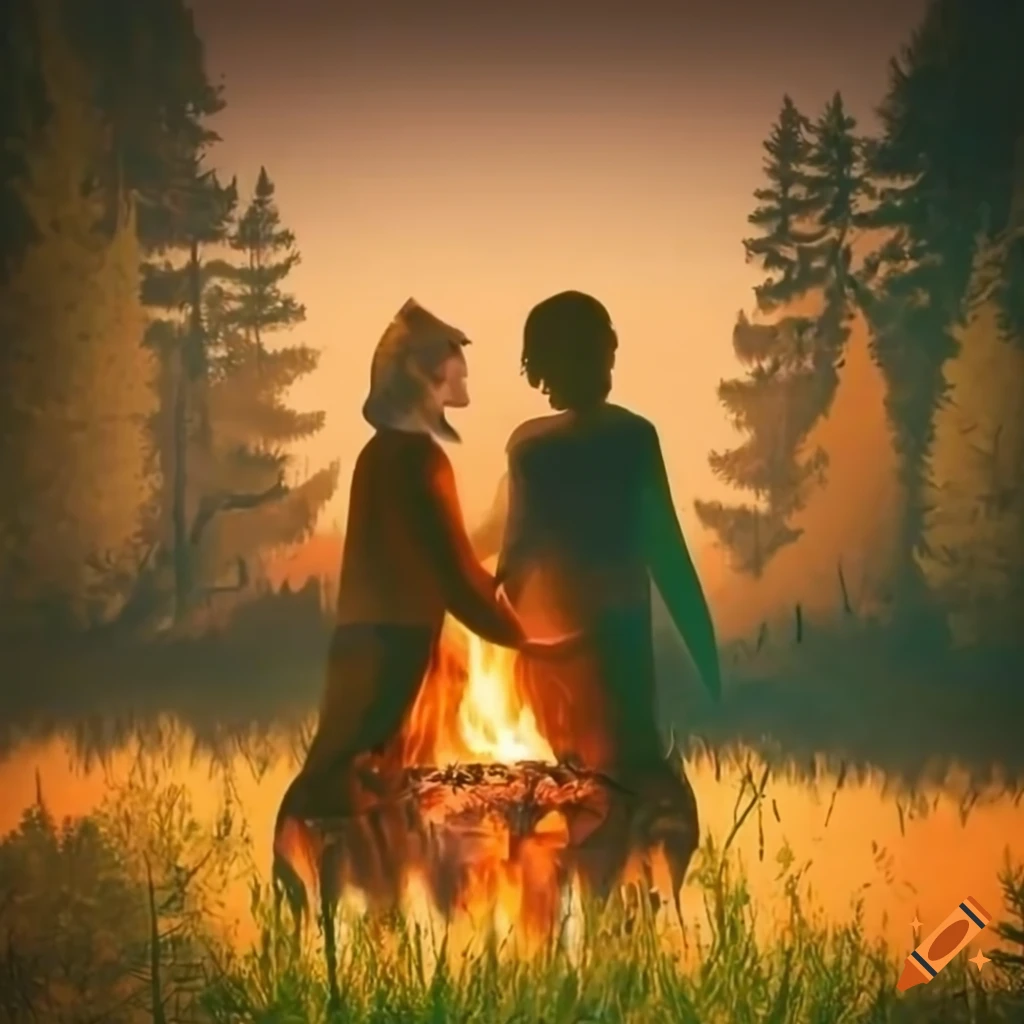 Two people in a meadow with a green tree and a tall campfire flame on ...