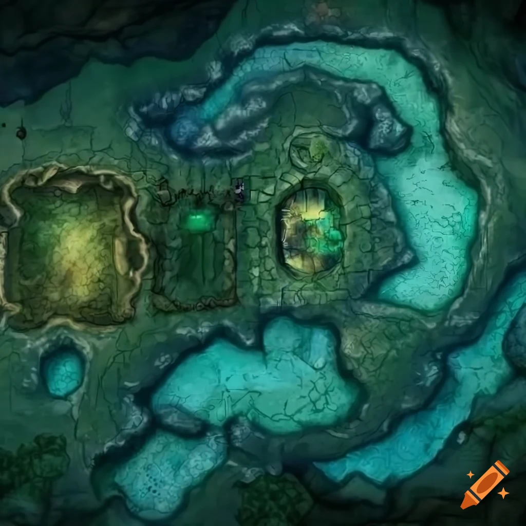 Top-down map of a green dragon lair with water pools for RPG on Craiyon