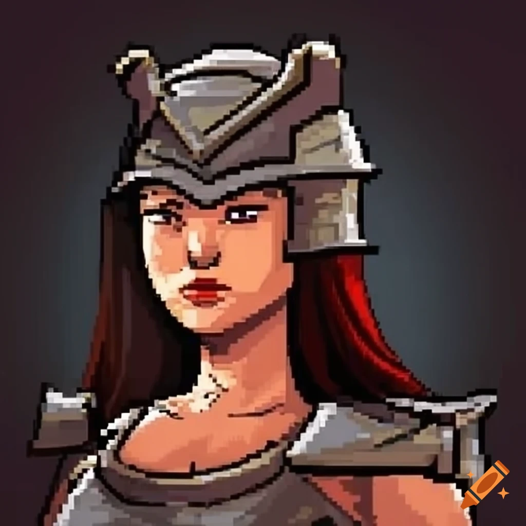 Close-up portrait of Asian female medieval soldier in pixelated style ...