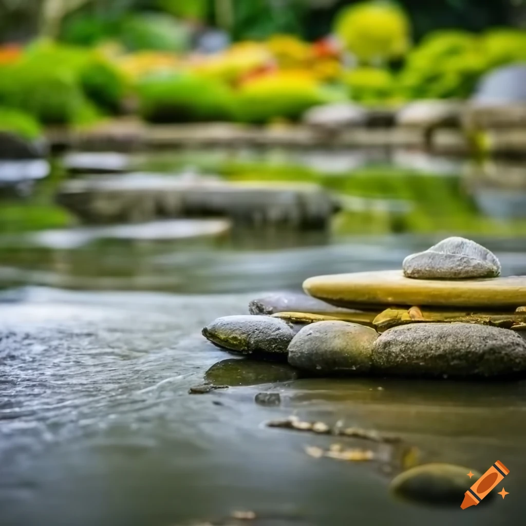 Entrance to a tranquil Zen garden with a peaceful river and water ...
