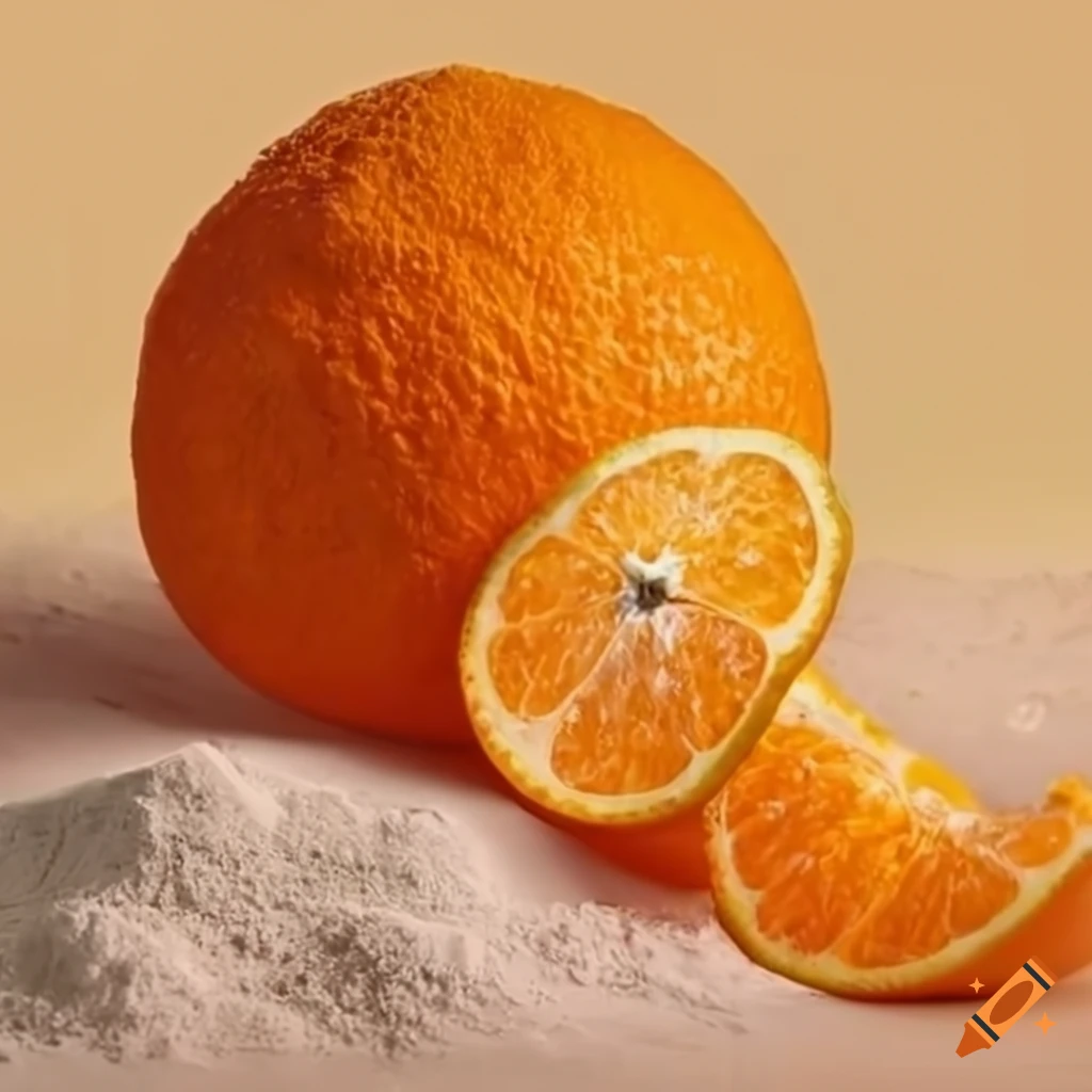 Orange fruit on a mound of white powder from an aerial perspective on ...