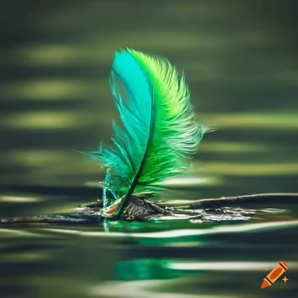 Green feather tied to a lead weight sinking in a lake on Craiyon