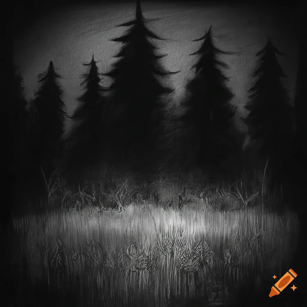 Night meadow landscape with distant forest in charcoal drawing on Craiyon