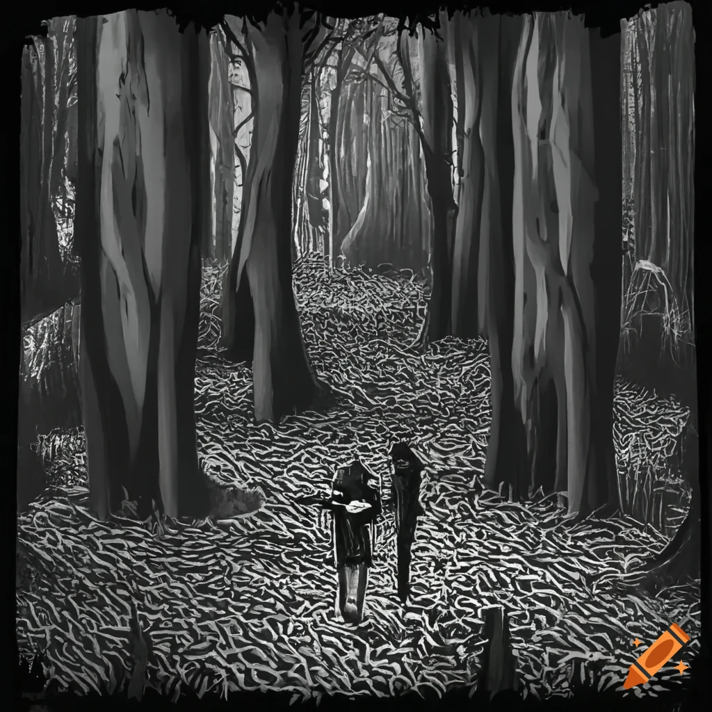 Forest with spaghetti trees and a tiny person in the dark night on Craiyon