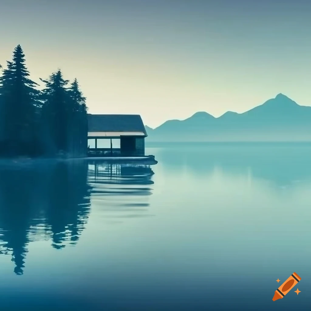 Serene lakeside scene with misty mountains and a wooden cabin on Craiyon