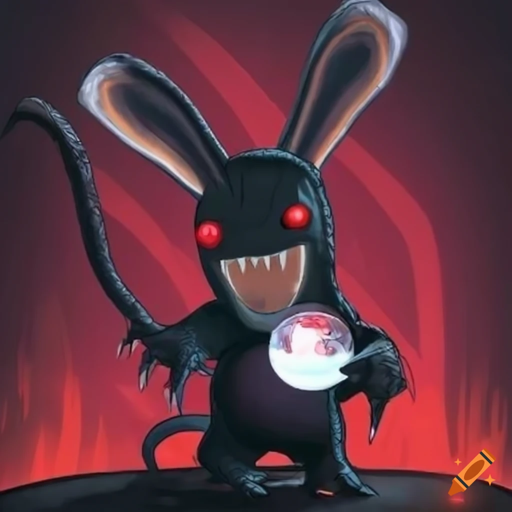 Rabbid in black dragon costume with red eyes holding a crystal ball on ...