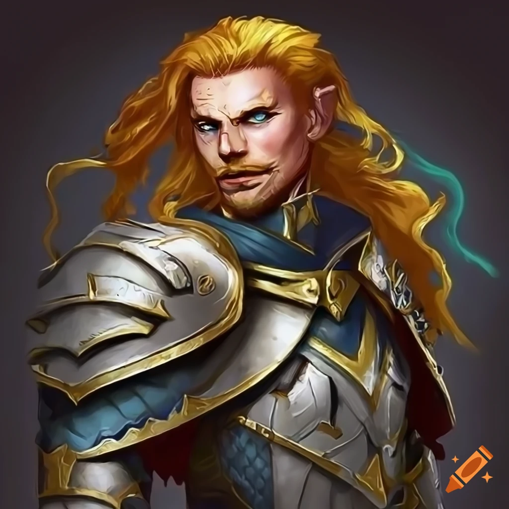 Valiant Aasimar paladin with golden hair and blue eyes in silver armor ...