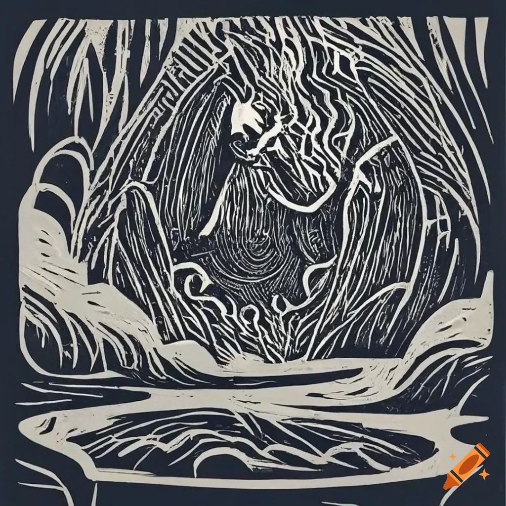 Linocut etching of a singing woman bog creature in a misty swamp on Craiyon