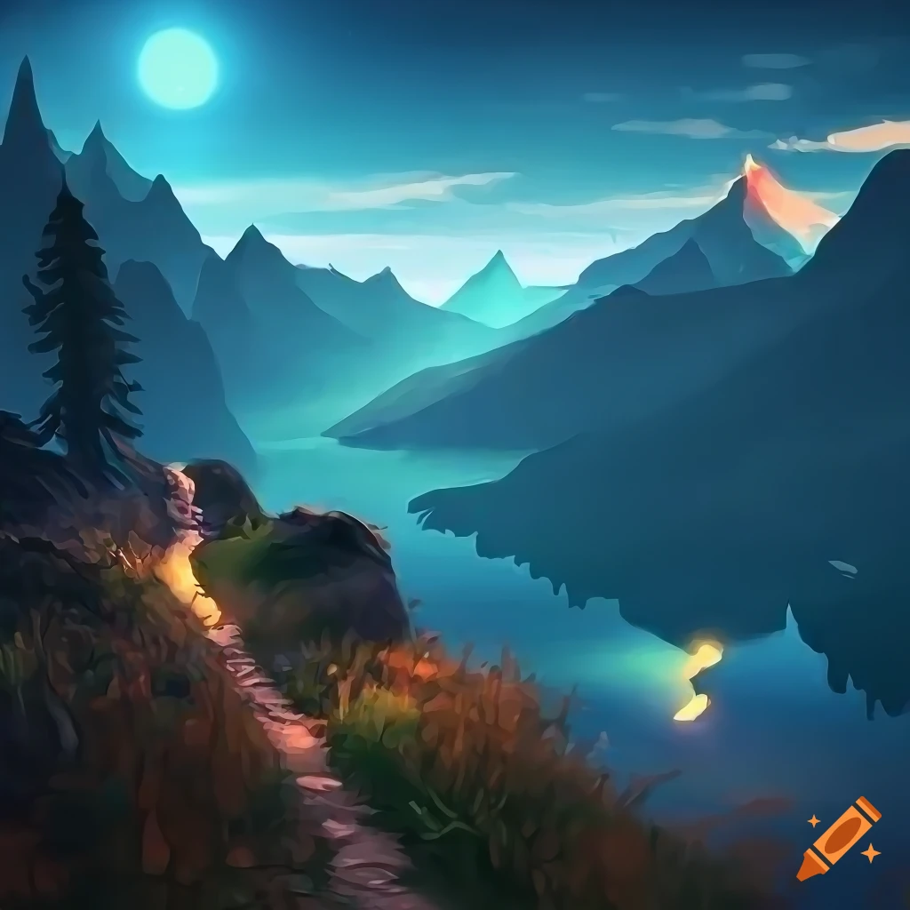 4k bright fantasy video game scene in nature with winding path under a ...