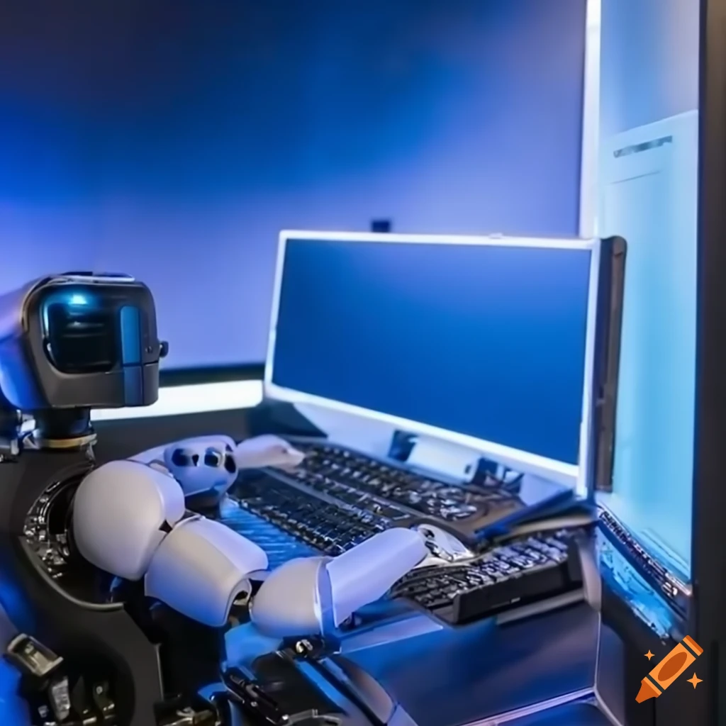 Robot typing on keyboard in front of a large monitor with blue light ...