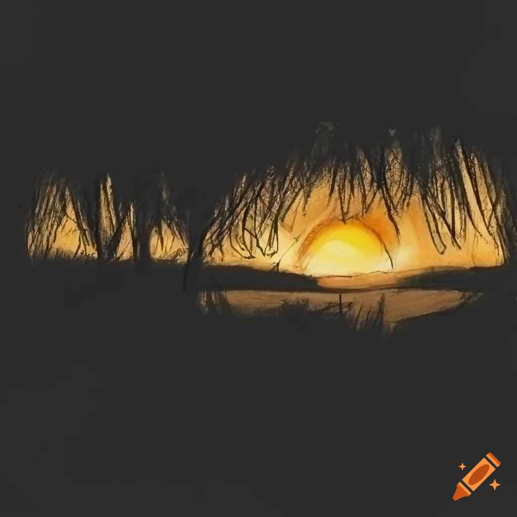 Sunset at a meadow in a charcoal drawing on Craiyon