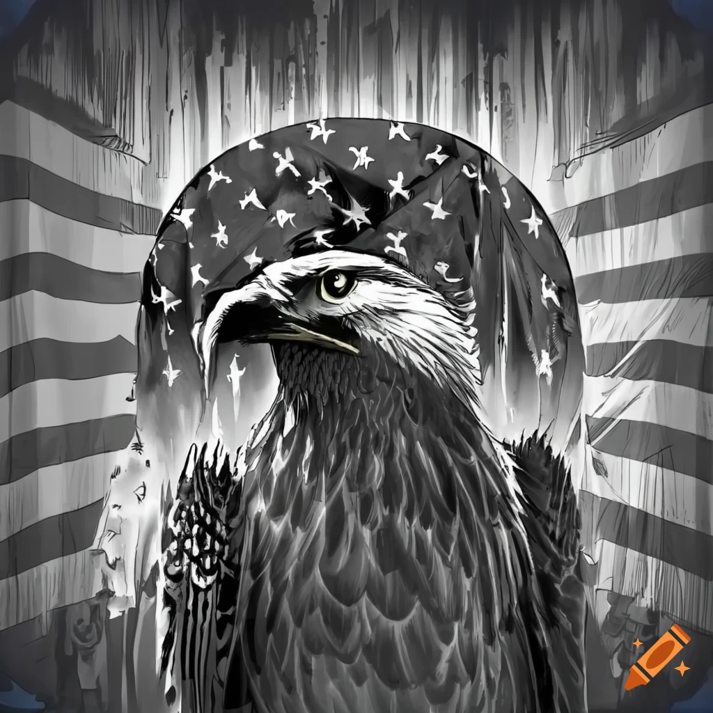 Bald eagle holding american flag in comic black and white style on Craiyon