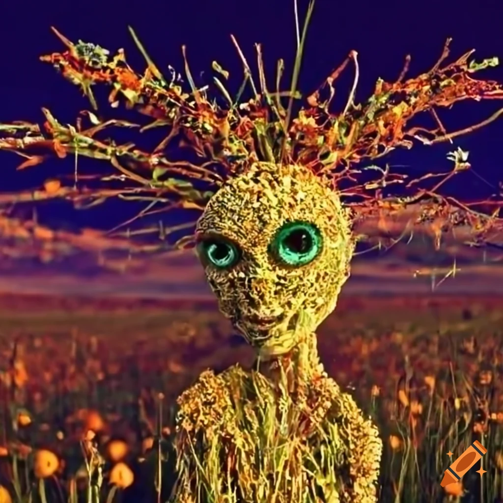 Aliens playing in a field of stick flowers on Craiyon