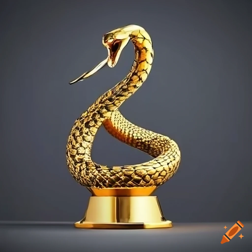Golden trophy with snake design called 'Gld Snake Award' at night gala ...