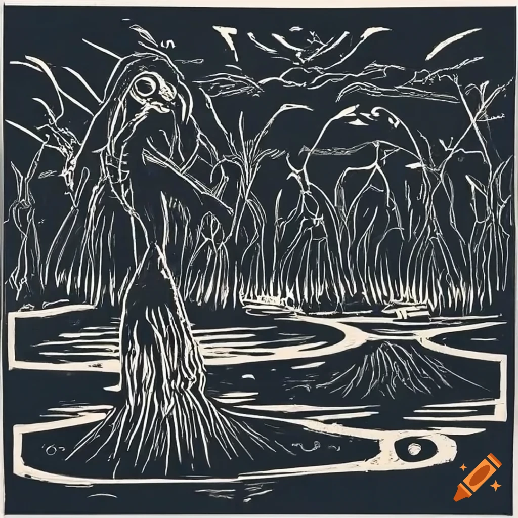 Linocut etching of a singing woman bog creature in a misty swamp on Craiyon