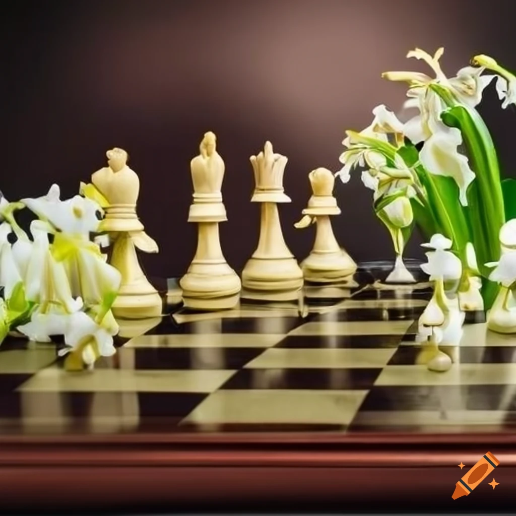 Chess board with lily of the valley flower pieces on Craiyon