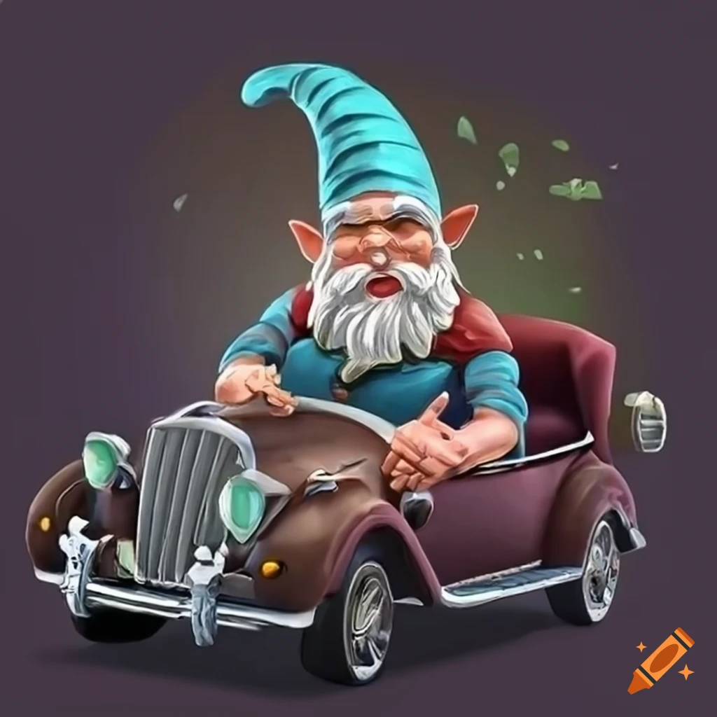 Fantasy male gnome driving a luxurious car on Craiyon