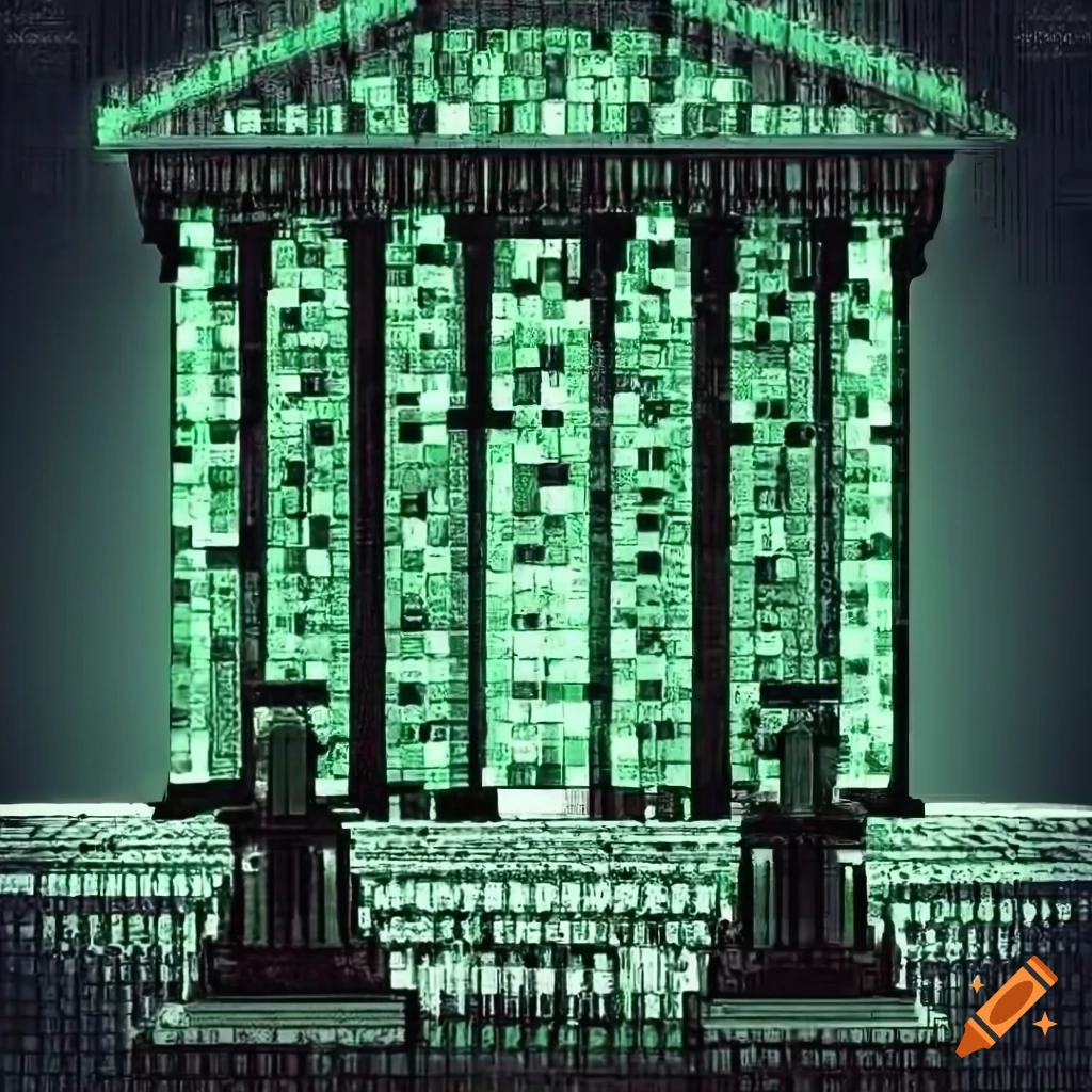Roman temple depicted in green binary code matrix pattern on Craiyon