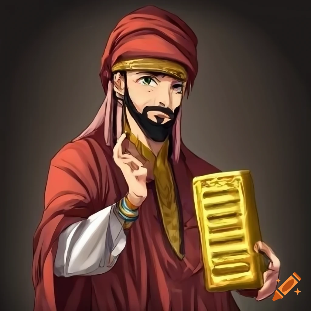 Anime portrait of a middle-eastern merchant with a gold bar on Craiyon