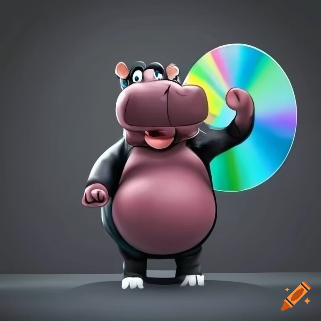 Cartoon fat hippo in a leather jacket holding a compact disc on Craiyon