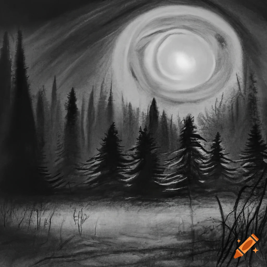 Night meadow landscape with distant forest, charcoal drawing in black ...