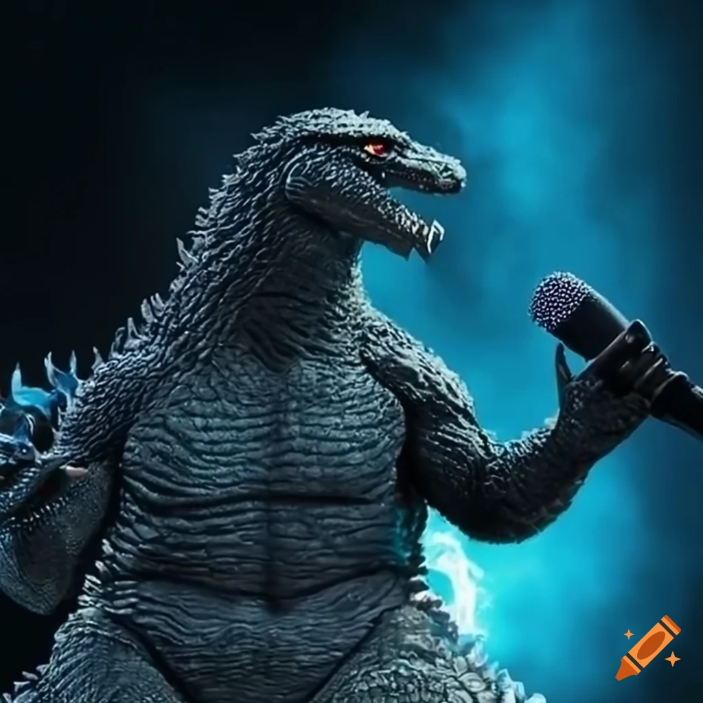 Godzilla recording a podcast with a microphone on Craiyon