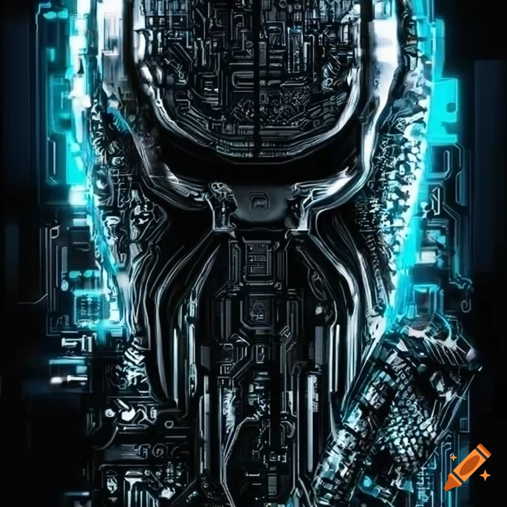 Abstract black and white art with predator integrated into a futuristic ...