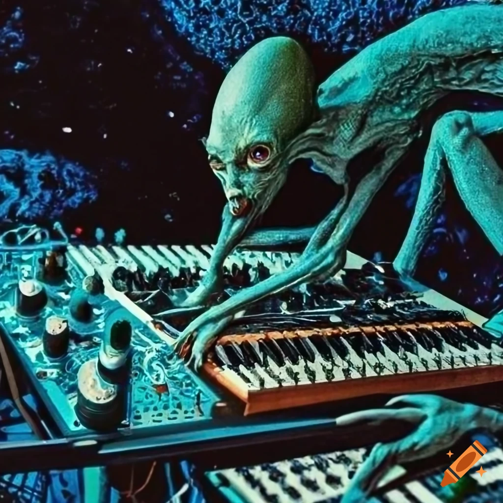 Outer space vintage fantasy cover art with alien creature playing a ...