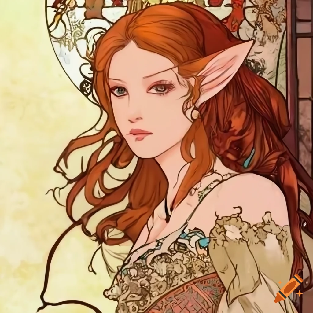 Full length manga elf princess inspired by alfons mucha on Craiyon