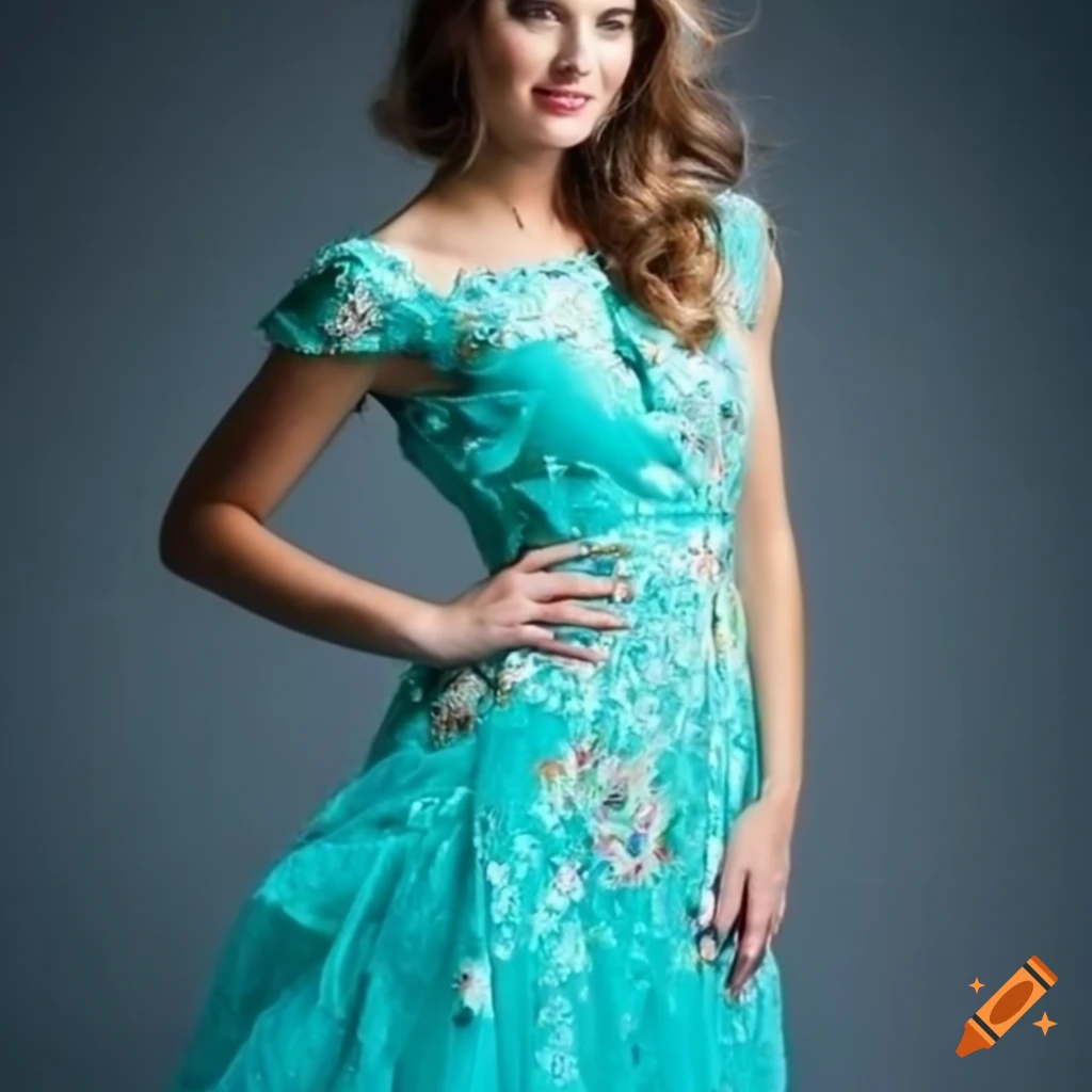 Beautiful woman in turquoise floral dress on Craiyon