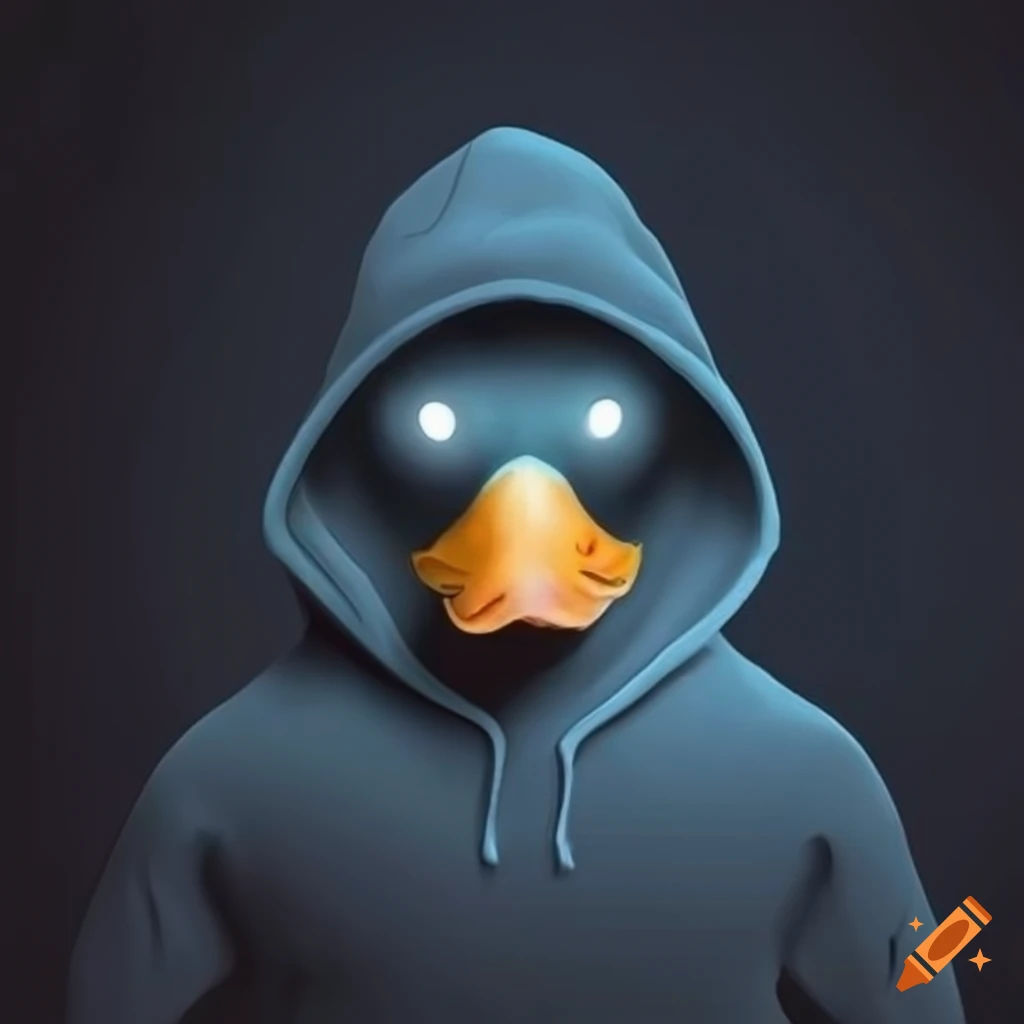 Humanoid duck with black hoodie and glowing white eyes on a dark ...