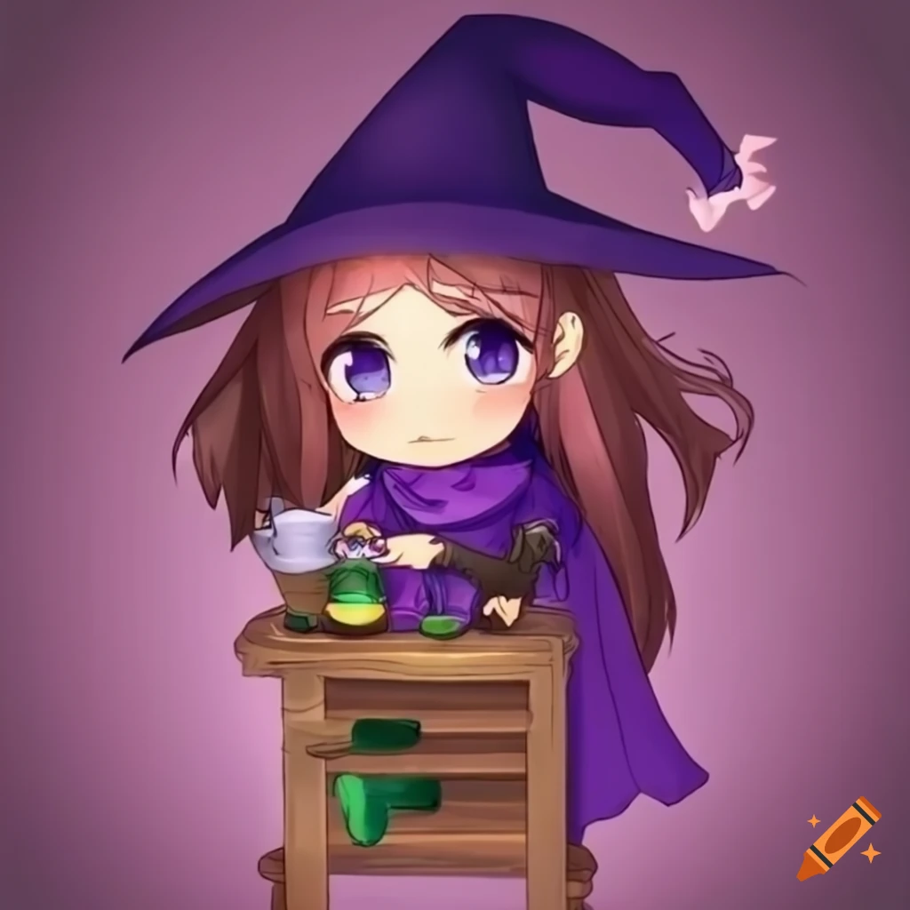 Chibi anime witch selling potions in a purple outfit at a shop counter ...