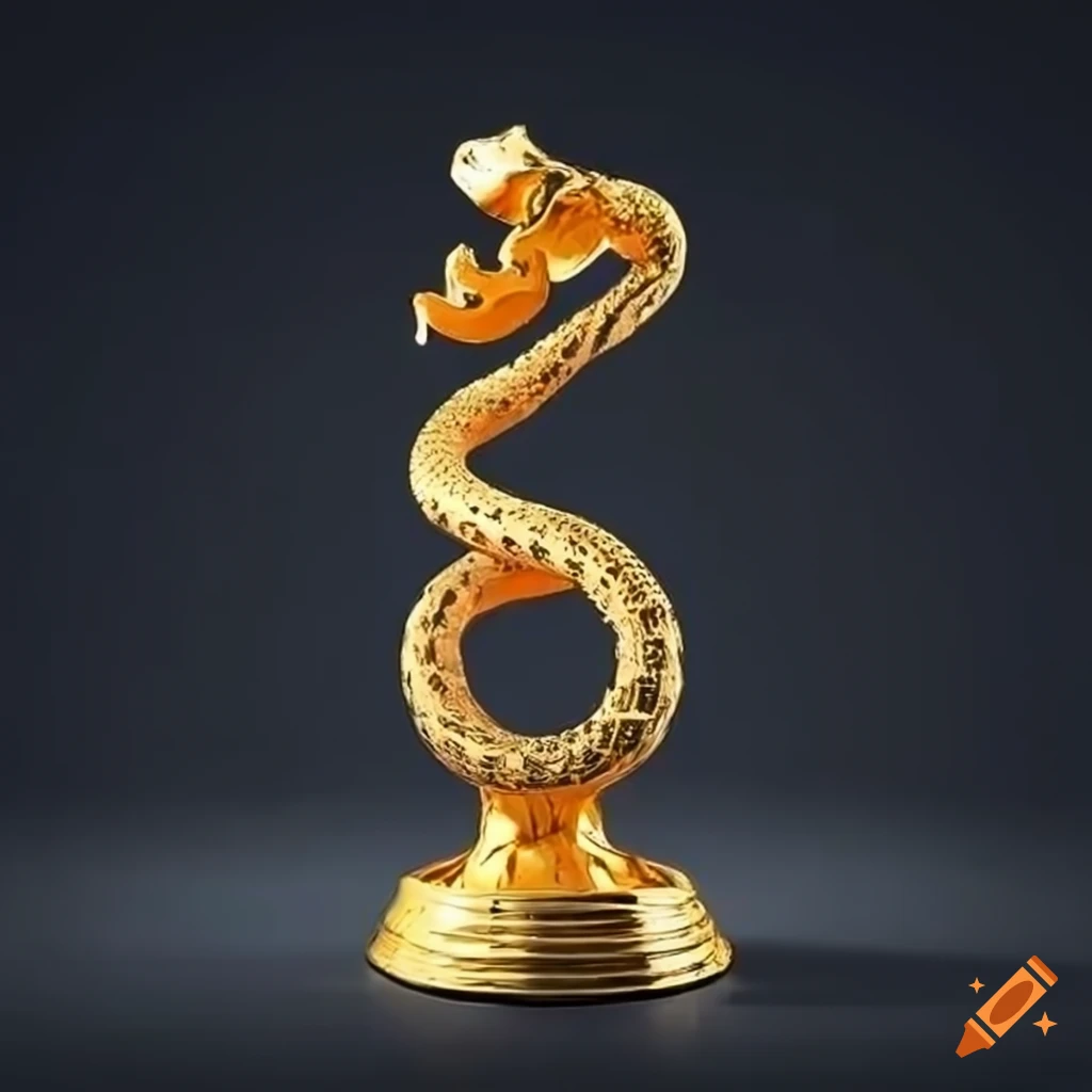 Golden trophy with snake design 'gld snake award' at night gala on Craiyon
