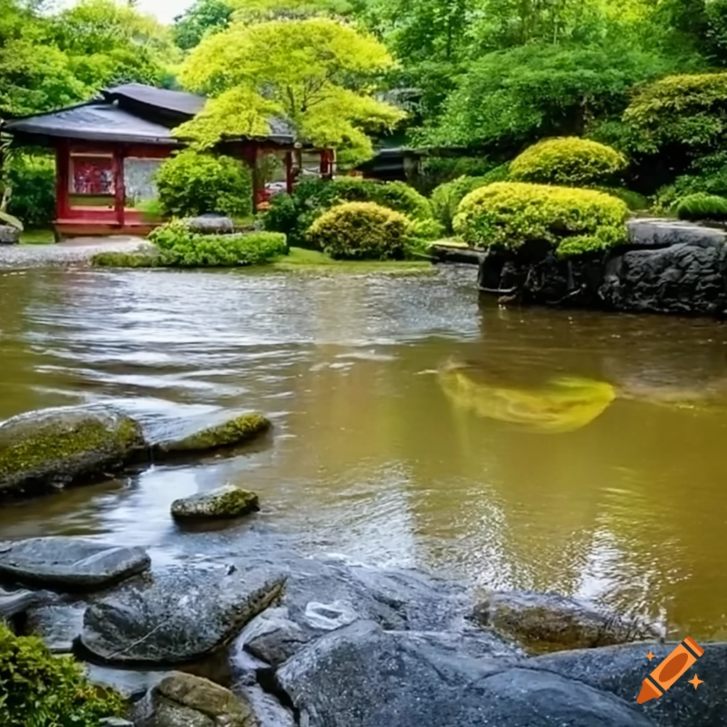 Entrance to a peaceful Zen garden with a river and water puddles on Craiyon